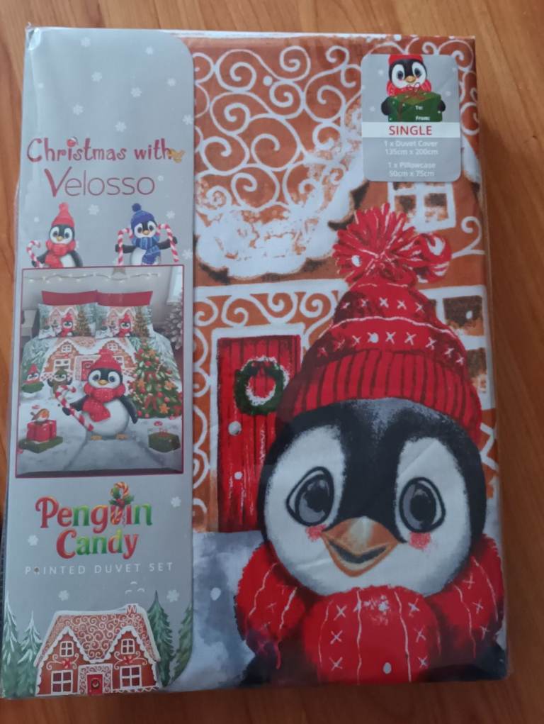 Velosso Christmas Penguin Candy Single Duvet Set, £5.00 for Sale