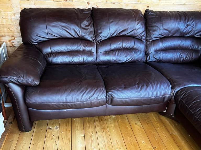Dark brown geniune leather sofa - corner / L shaped, £120.00 for Sale