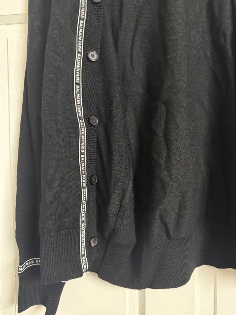 Balmain Paris Men Knit Cardigan BNWT Black White Logo Tape Button Up ...