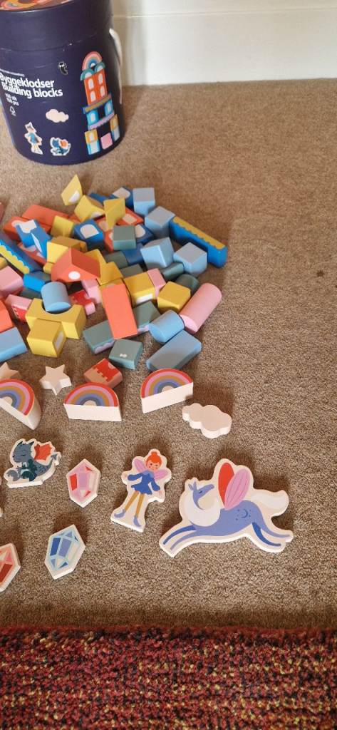 WOODEN BUILDING BLOCKS IN A STORAGE TUB. EXCELLENT CONDITION., £3.00 ...