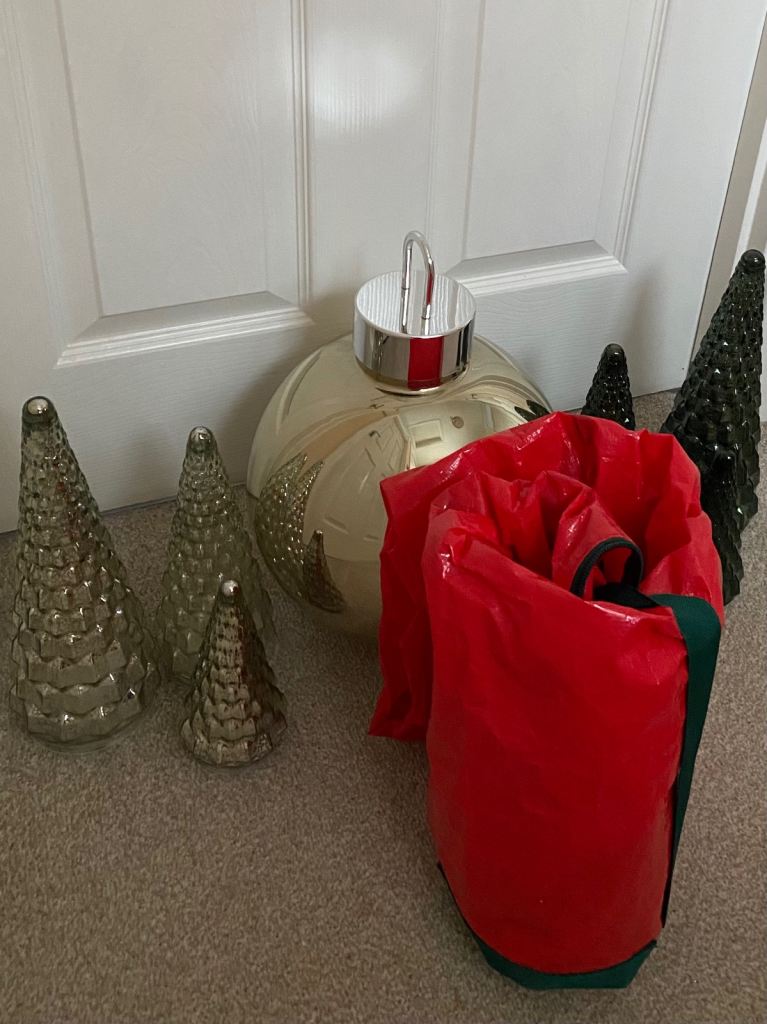 Glass Christmas decorations, very large bauble and Christmas tree bag ...
