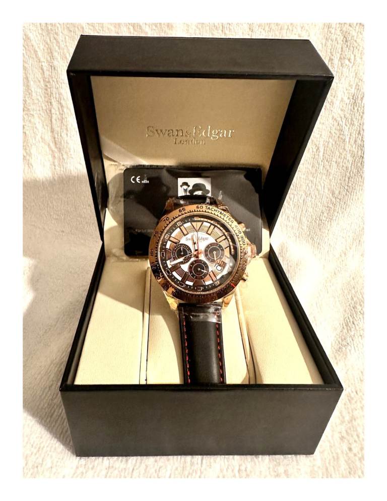 Swan & Edgar London Men’s Watch – Rose Gold Case, Black Leather – Boxed ...