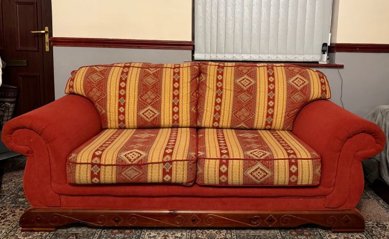 2 x Matching Sofas - Red & Gold Pattern - Solid Wood Base. Rochdale ...