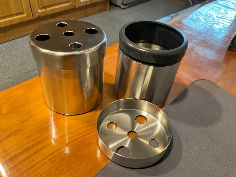 2 x STAINLESS, BESPOKE, toothbrush holders. Holes for electric and ...
