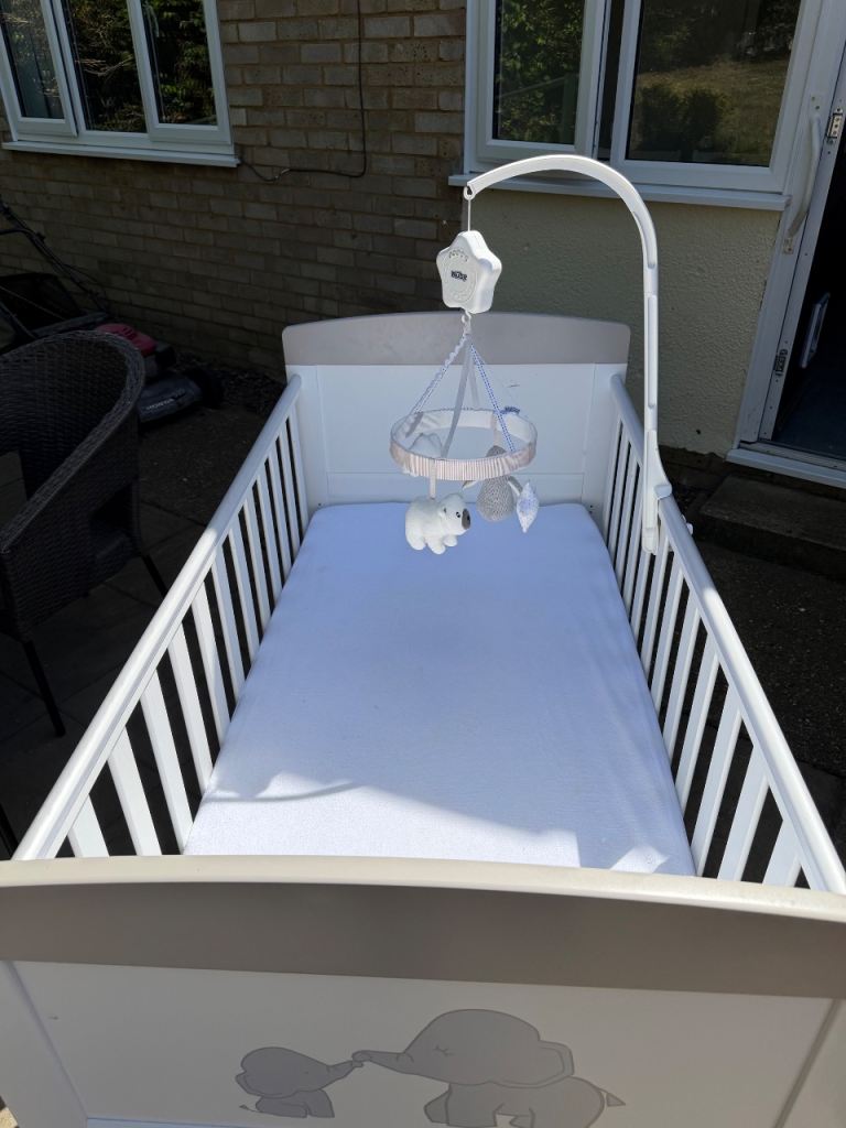 FREE Baby Cot Nearly new, with Mobile and Mattress – White & Grey, Good ...