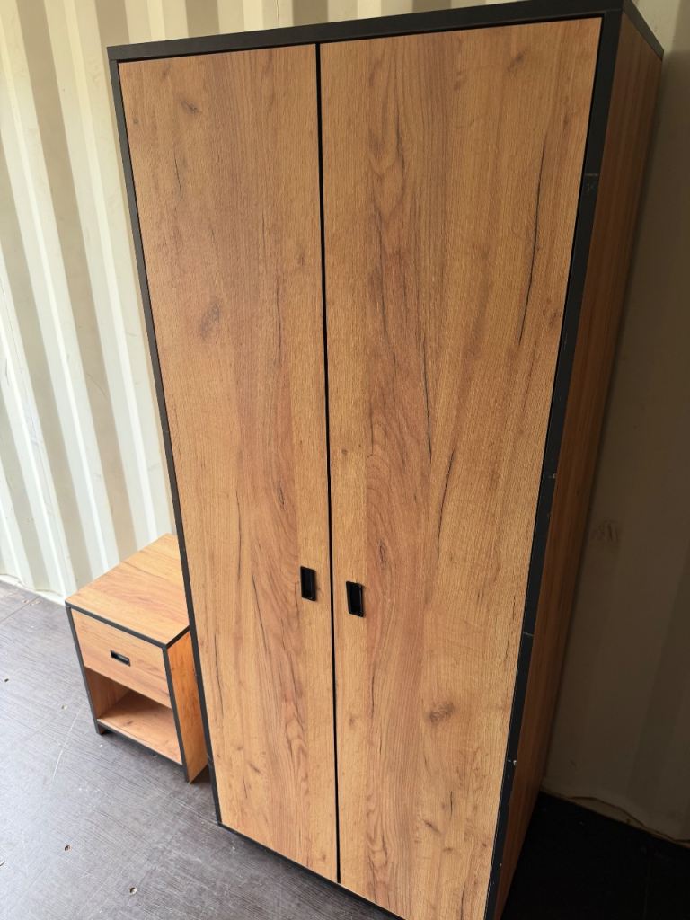 Industrial Oak Effect Wardrobe & Bedside Cabinet Set – Modern Black ...