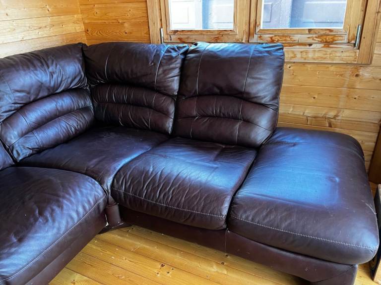 Dark brown geniune leather sofa - corner / L shaped, £120.00 for Sale