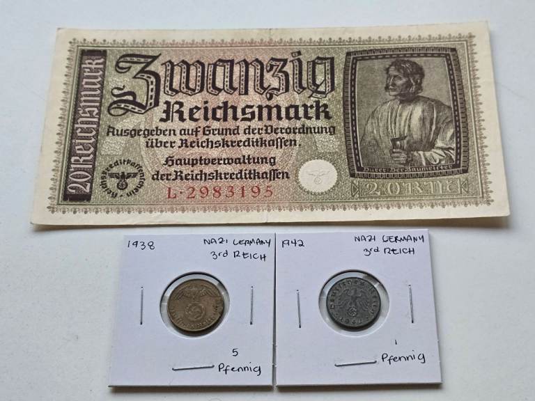 3rd Reich WW2 1940s Germany 20 Marks Banknote + Pfennig Coins ...