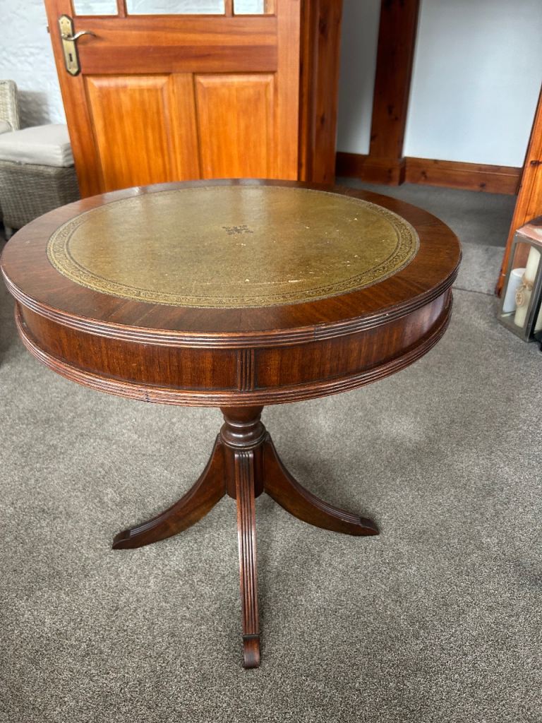 NOW SOLD. Drum-Library Writing Table 2 Drawers Leather Insert Top ...