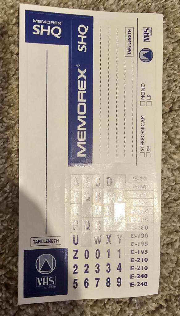 Memorex SHQ VHS tape label sheet - Numbers letters sidelabel front ...