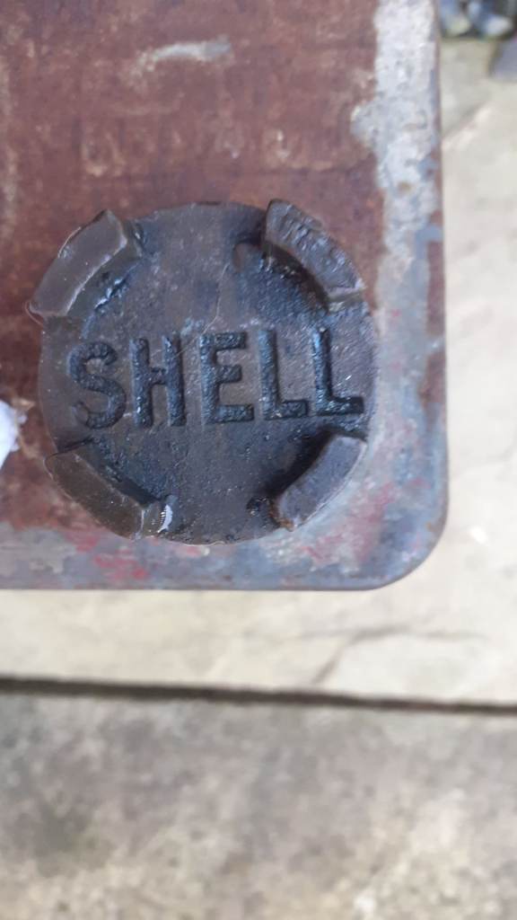 Petrol can Shell 1930s two gallon 3 shilling matching brass cap red ...